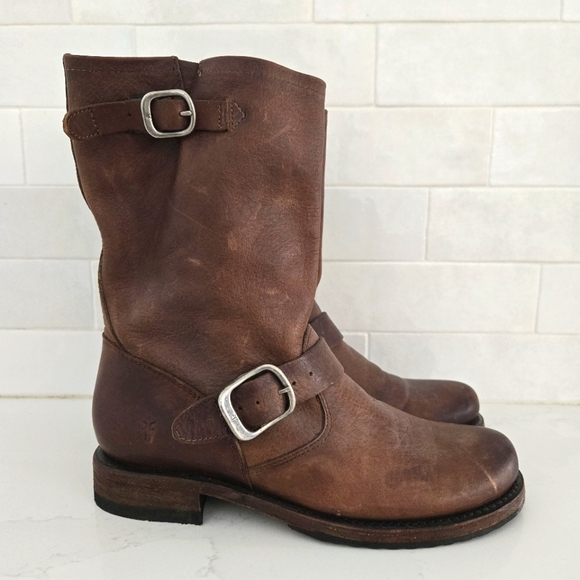 Frye | Shoes | Frye Veronica Short Brown Leather Midcalf Boots Stone ...